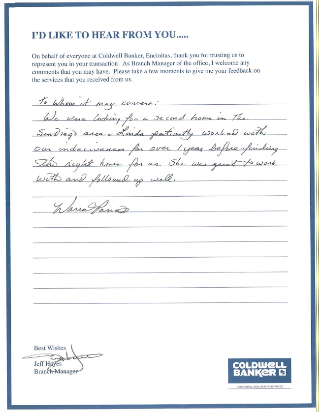 Linda Moore Encinitas Real Estate Testimonials | Encinitas Realtor
